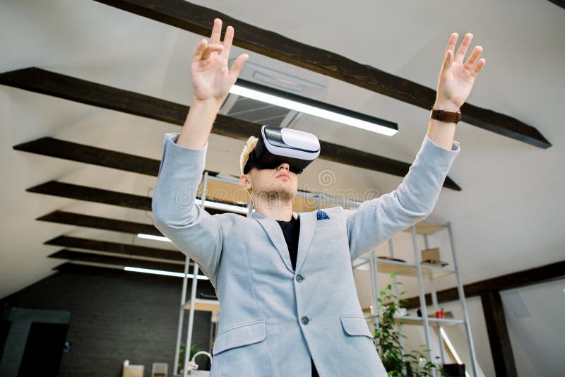 Young Handsome Creative Businessman in Blue Jacket Working in Office ...