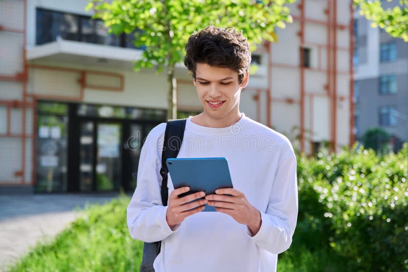 Young Guy College Student Using Digital Tablet Outdoor Stock Photo ...