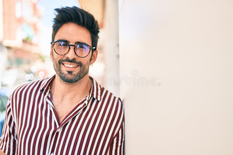 Young Handsome Hispanic Man with Beard Wearing Glasses Smiling Happy ...