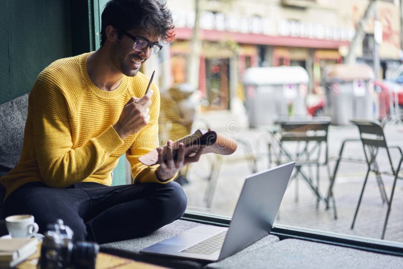 Young Handsome Male Blogger Watching Web Workshop Stock Image - Image ...