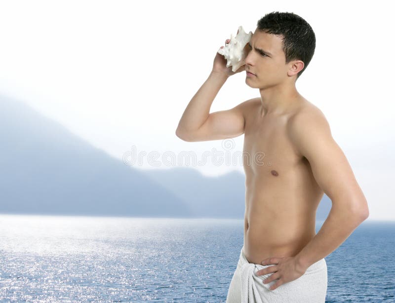 Young Handsome Man after Bath, Hearing Sea Shell Stock Image - Image of ...