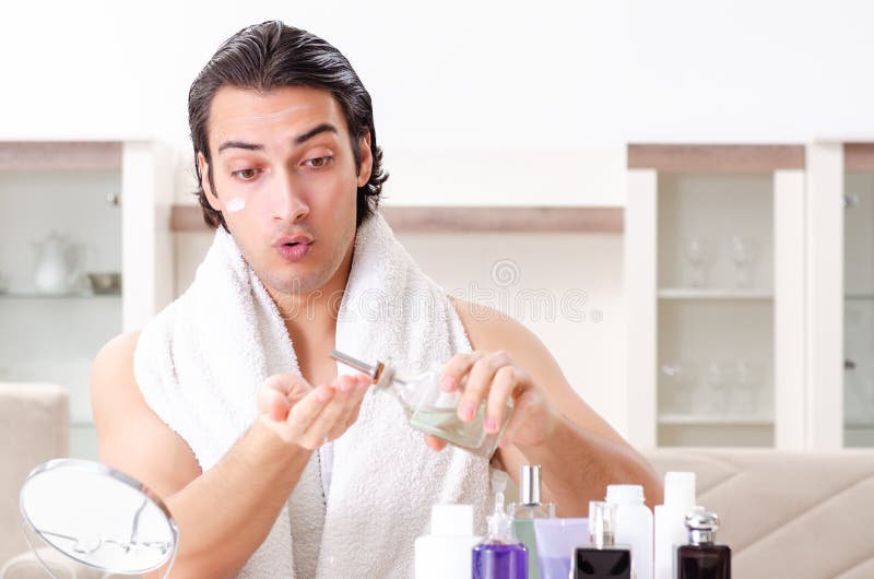 Young Handsome Man in the Bathroom Stock Image - Image of balm, groomed ...