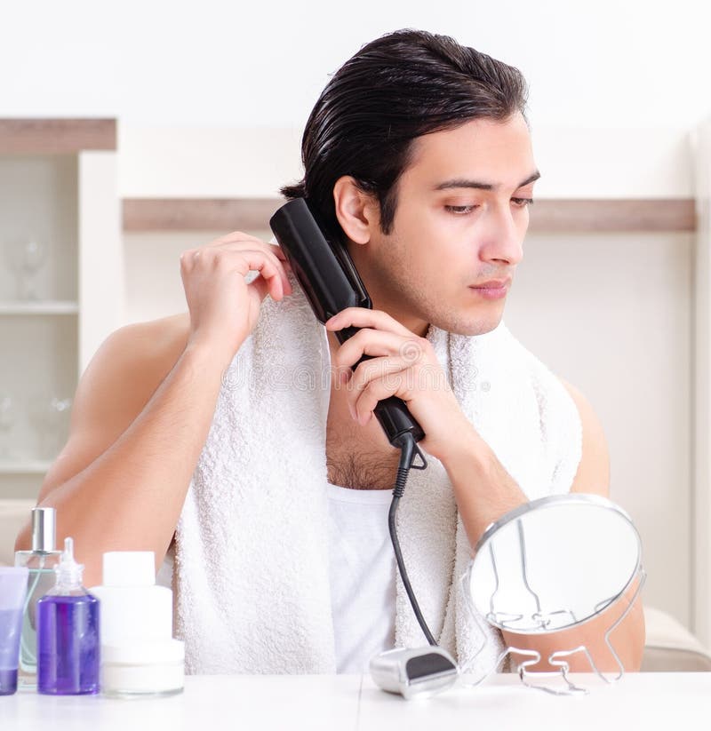 Young Handsome Man in the Bathroom Stock Image - Image of care, haircut ...