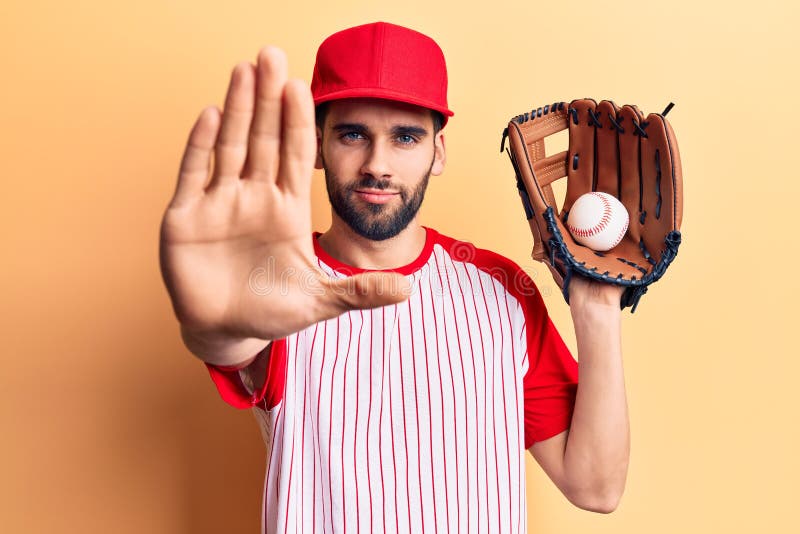 Young Handsome Man with Beard Playing Baseball Using Ball and Glove ...