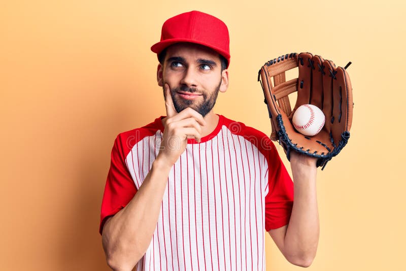Young Handsome Man with Beard Playing Baseball Using Ball and Glove ...