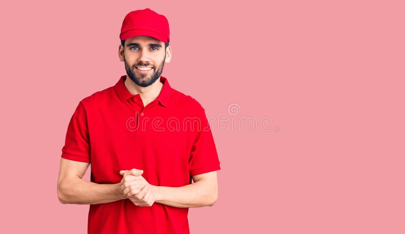 Young Handsome Man With Beard Wearing Delivery Uniform With Hands