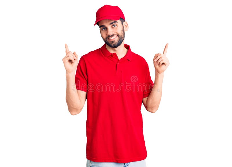 Young Handsome Man With Beard Wearing Delivery Uniform Smiling