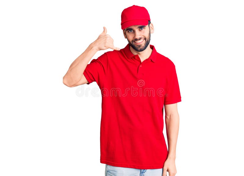 Young Handsome Man With Beard Wearing Delivery Uniform Smiling Doing