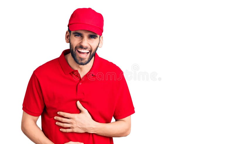 Young Handsome Man With Beard Wearing Delivery Uniform Smiling And