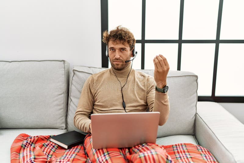 Young Handsome Man with Beard Wearing Operator Headset Working from ...