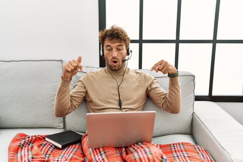 Young Handsome Man with Beard Wearing Operator Headset Working from ...