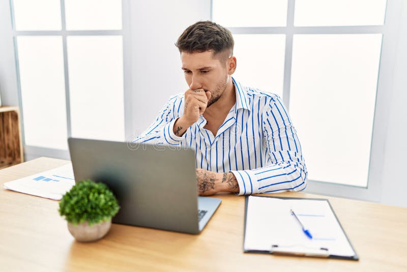 Young Handsome Man with Beard Working at the Office Using Computer ...