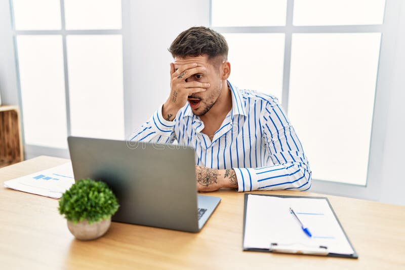 Young Handsome Man with Beard Working at the Office Using Computer ...