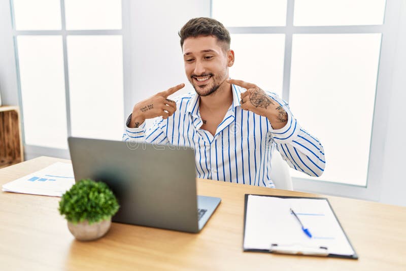 Young Handsome Man with Beard Working at the Office Using Computer ...