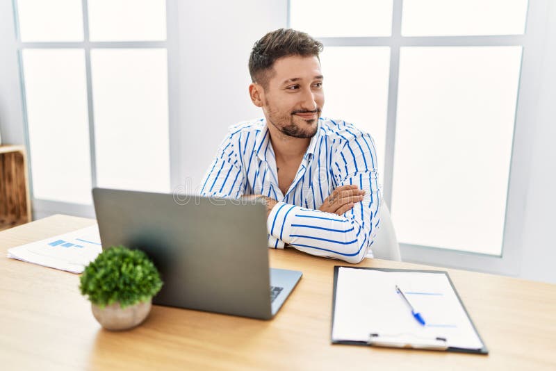 Young Handsome Man with Beard Working at the Office Using Computer ...