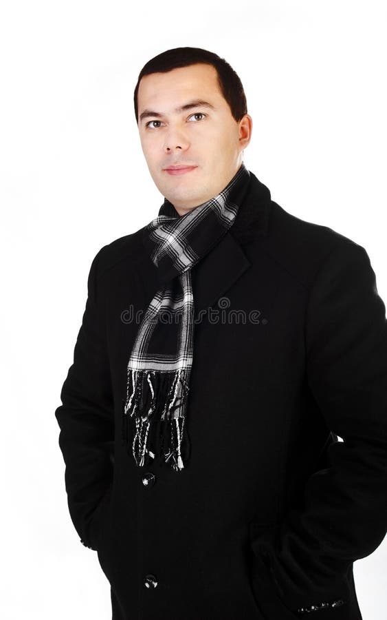 Young Handsome Man in Black Coat and Scarf Isolated Stock Image - Image ...