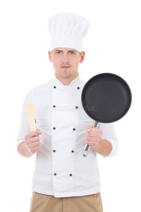 Young Man with Frying Pan and Spatula, Isolated Stock Photo - Image of ...