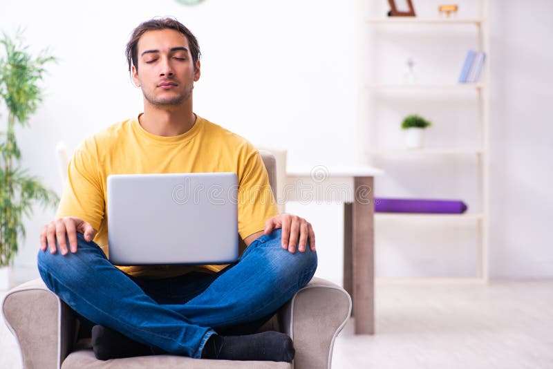 Young Handsome Man with Computer at Home Stock Photo - Image of ...