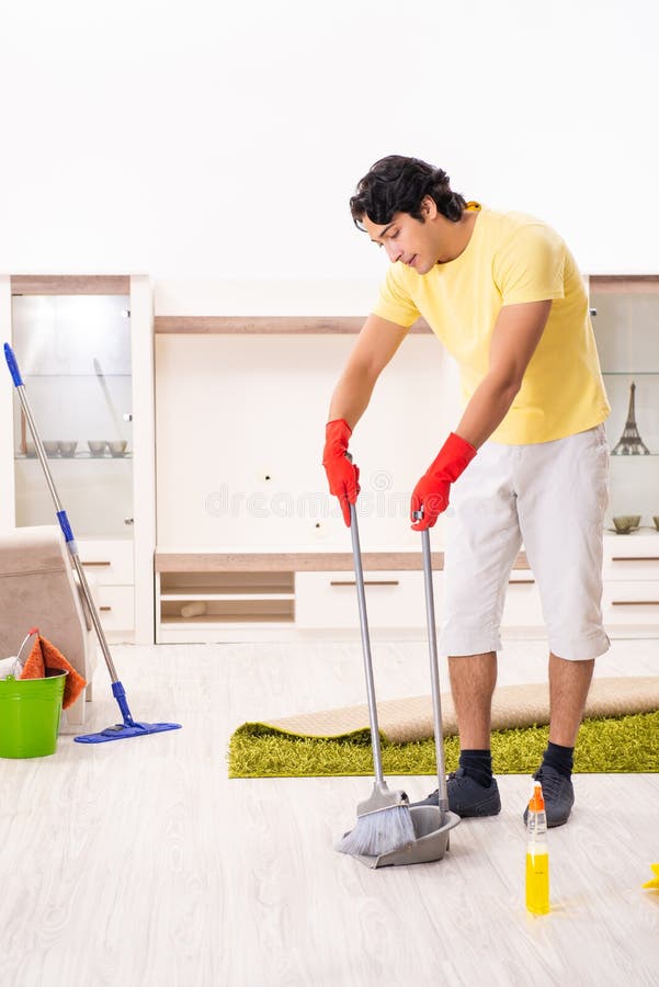 The Young Handsome Man Doing Housework Stock Image - Image of dustpan ...