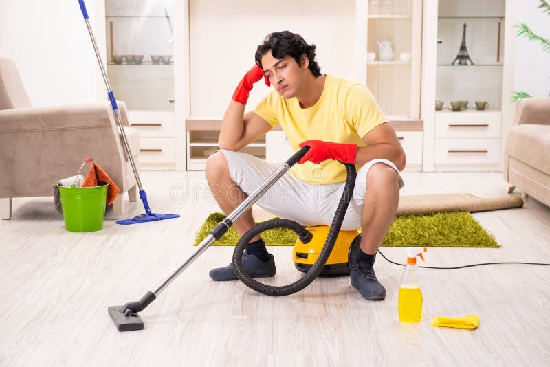 The Young Handsome Man Doing Housework Stock Photo - Image of floor ...