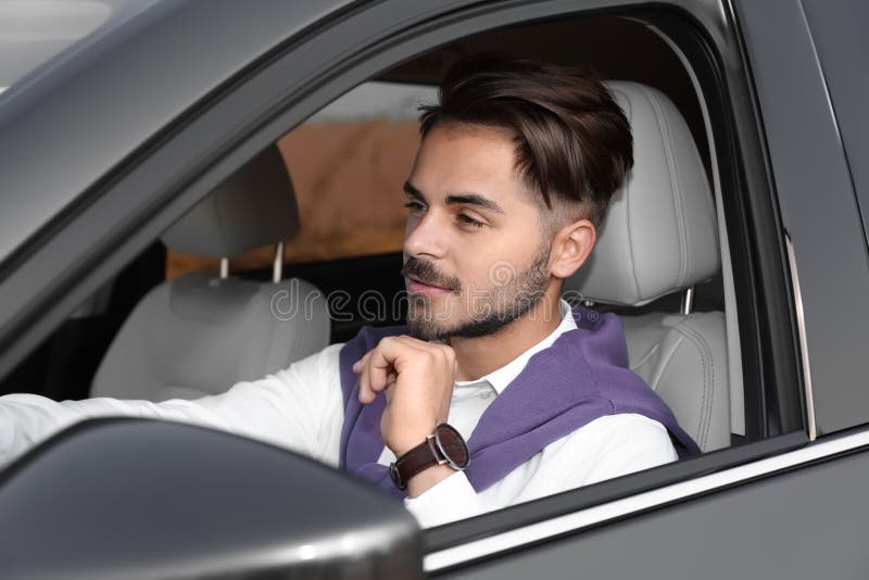 Young Handsome Man in Driver`s Seat Stock Image - Image of salesman ...
