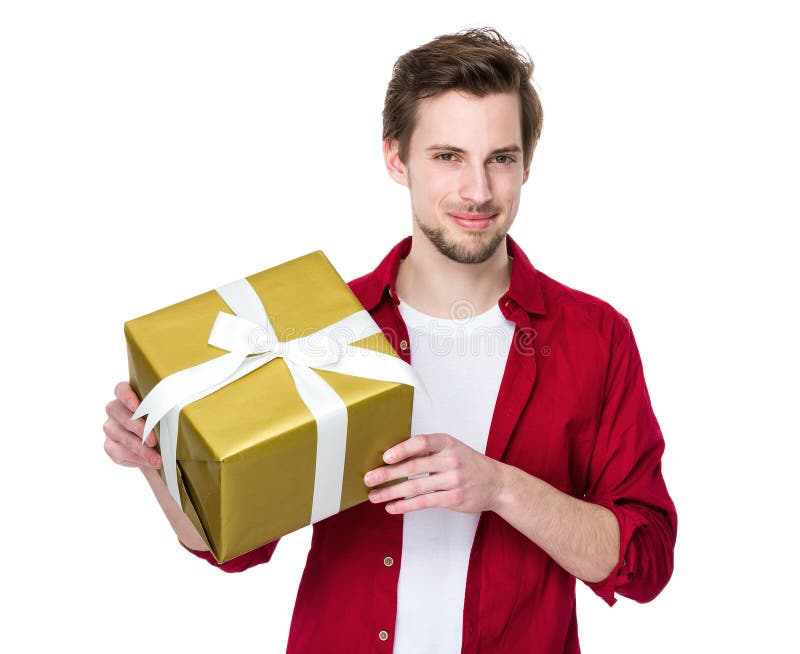 Handsome Man with a Present Box Stock Image - Image of joyful, season ...