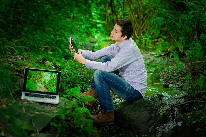 Handsome Tech Guy Pressing High Technology Stock Photo - Image of ...