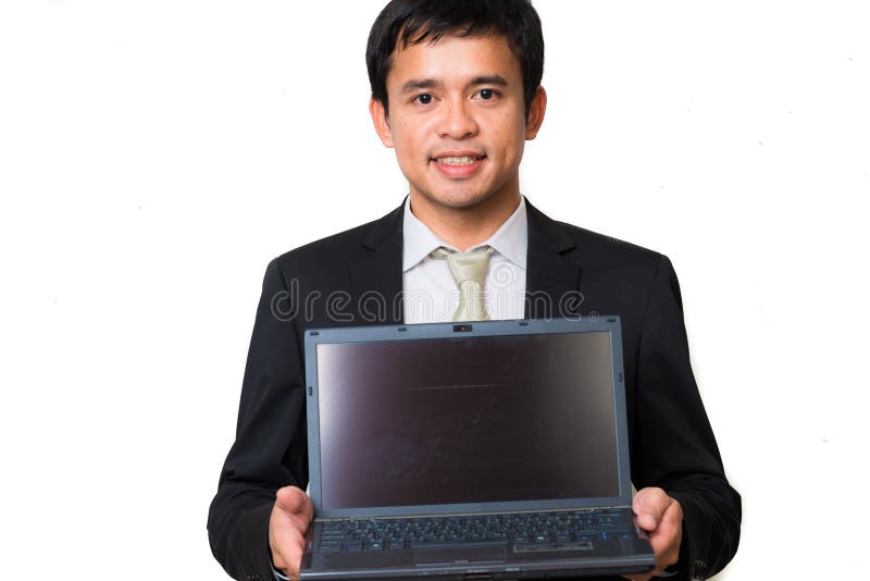 Young Handsome Man Hold Laptop in Black Suit Smiling Stock Image ...