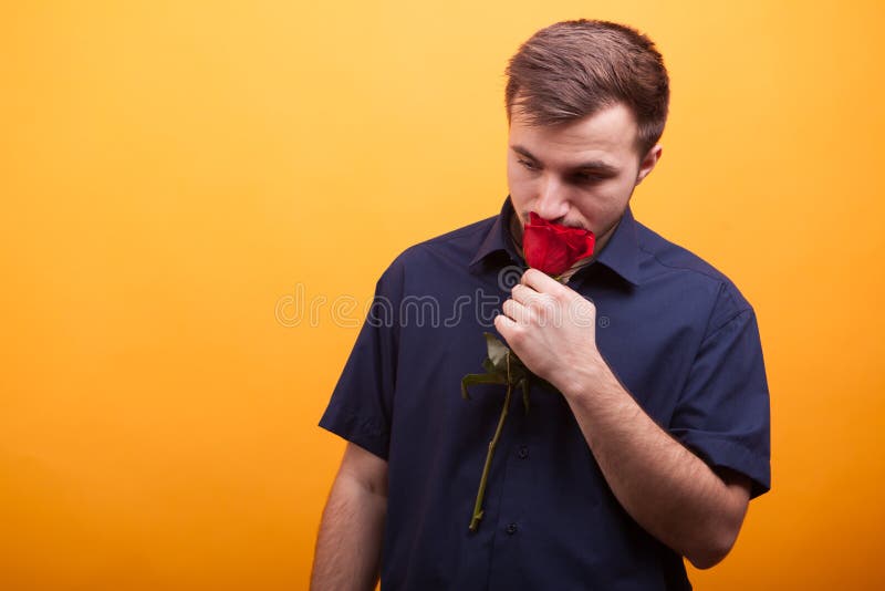 Young Handsome Man Holding Red Rose in Hands Over Yellow Background ...