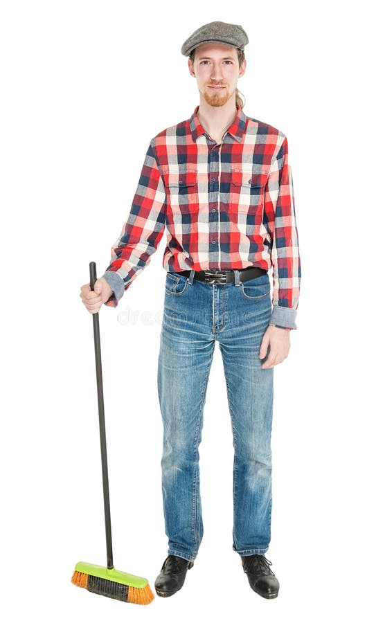 Young Handsome Man with Mop Isolated Stock Photo - Image of cleaning ...