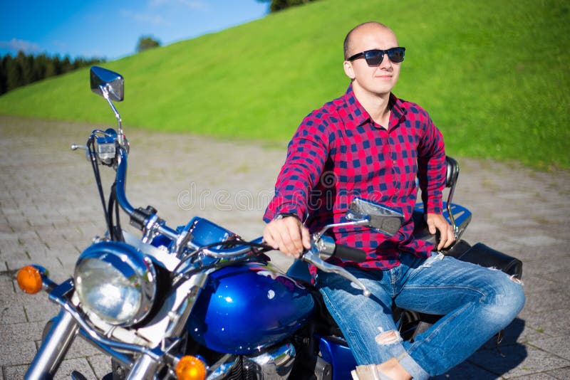 Young Handsome Man Posing with Retro Motorcycle Stock Image - Image of ...