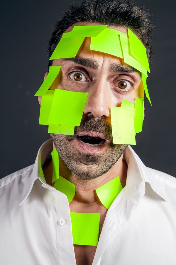 Man with Sticky Notes on Face Stock Image - Image of overworked ...