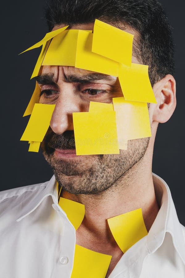 Young Handsome Man with Sticky Notes on His Face Stock Photo - Image of ...