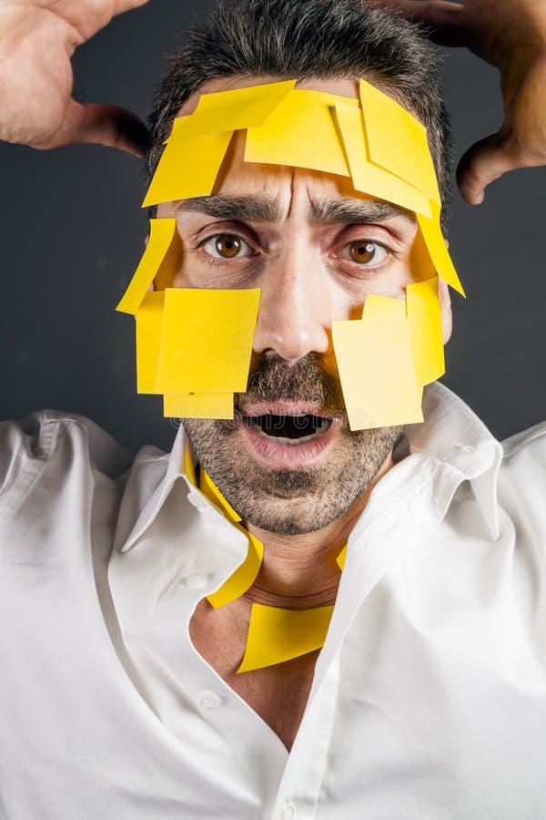 Young Handsome Man with Sticky Notes on His Face Stock Photo - Image of ...