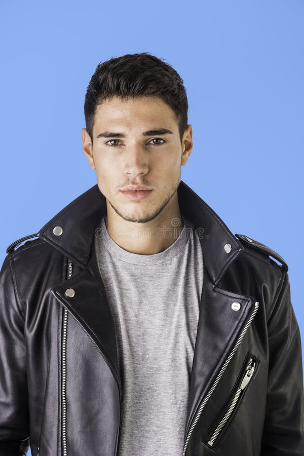 Young Handsome Man in Studio Shot, Wearing Black Leather Jacket Stock ...