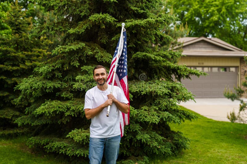 Young Handsome Man with USA Flag in Park. 4 July Celebration Stock ...