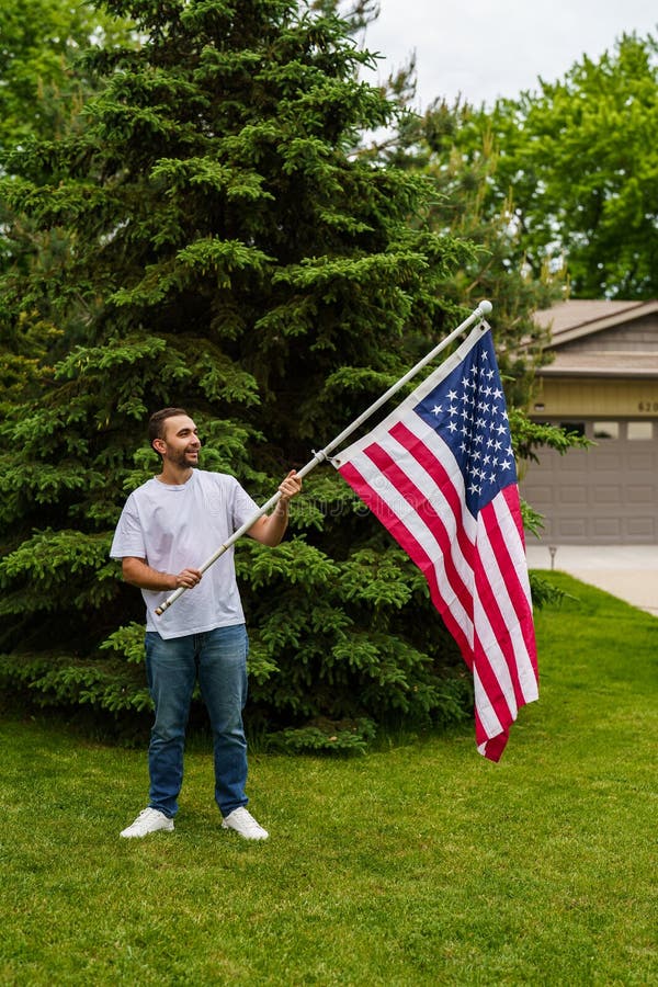 Young Handsome Man with USA Flag in Park. 4 July Celebration Stock ...