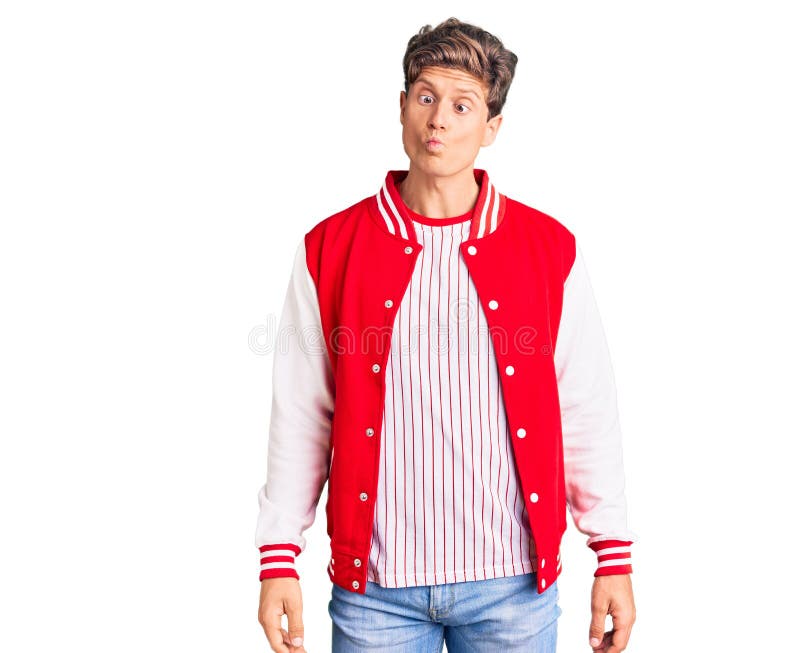 Young Handsome Man Wearing Baseball Uniform Making Fish Face with Lips ...