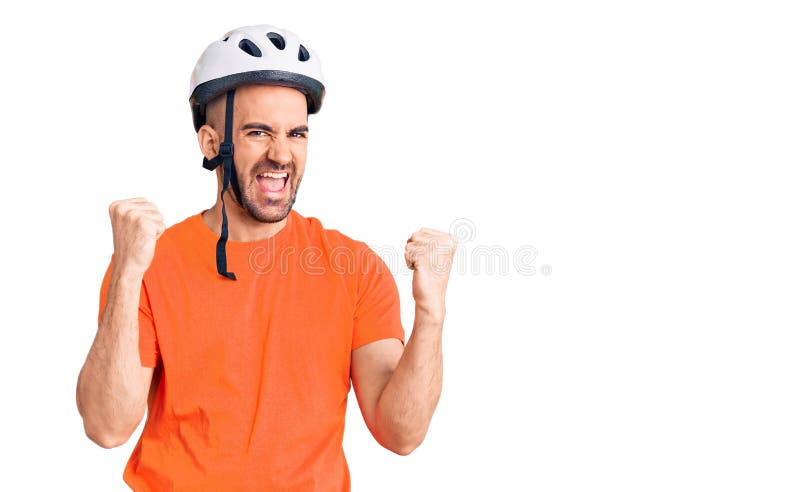 Young Handsome Man Wearing Bike Helmet Screaming Proud Celebrating