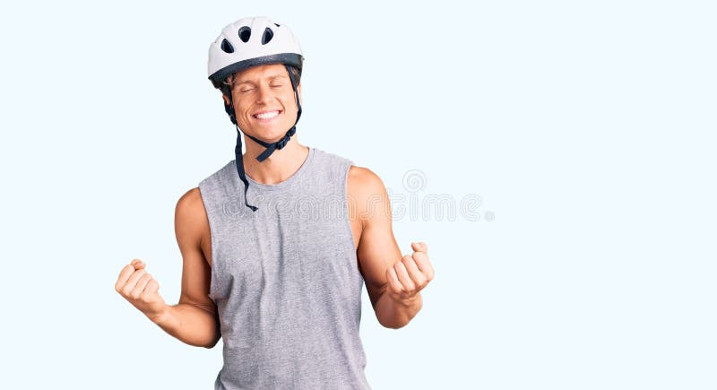 Young Handsome Man Wearing Bike Helmet Very Happy And Excited Doing
