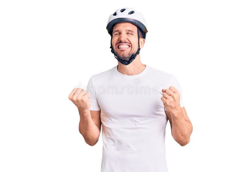 Young Handsome Man Wearing Bike Helmet Very Happy And Excited Doing
