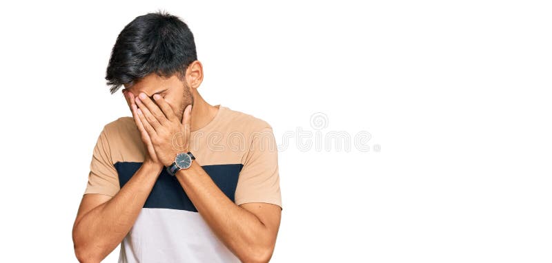 Young Handsome Man Wearing Casual Clothes with Sad Expression Covering ...