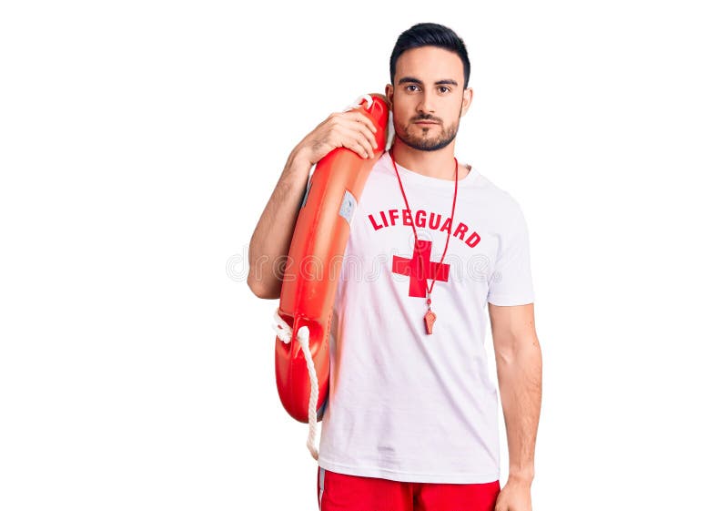 Young Handsome Man Wearing Lifeguard Uniform Holding Float Thinking ...