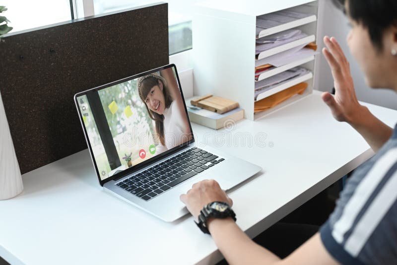 Young Handsome Man Using Laptop Computer Making Video Call with Friends ...
