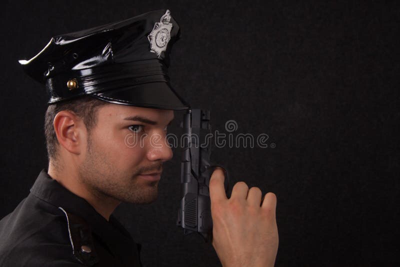 Young Handsome Policeman with Gun Stock Photo - Image of studio, black ...