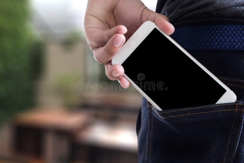 Young Handsome Poses Hand Mobile Phone Pocket Communication Copy Stock ...