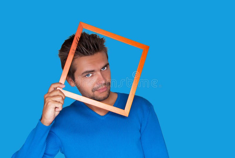 Young Handsome Man on Blue Background Stock Photo - Image of hair ...