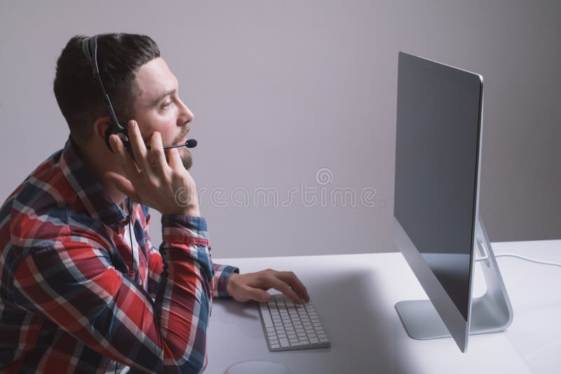 Young Handsome Technical Support Dispatcher Working, Closeup. Man Work ...