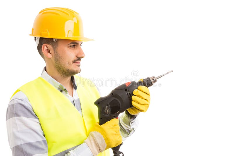 Young Handsome Worker Holding Drilling Machine Stock Photo - Image of ...