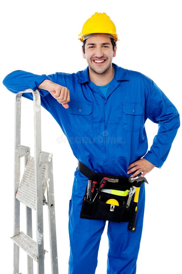 Man Drilling Hole Standing on Ladder Stock Photo - Image of handsome ...
